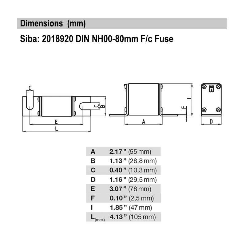 2018920.50A - Siba Bolted Contact DIN00/80mm UR Semiconductor Fuses