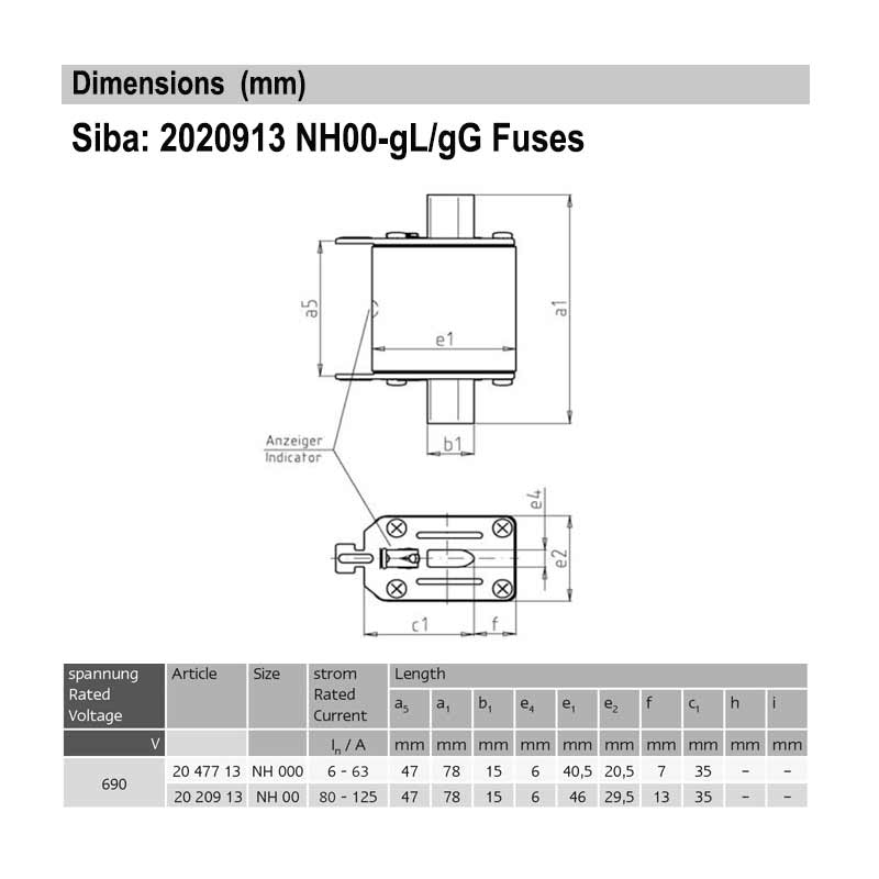 2020913.125A - Siba - DIN00/NH00 HRC Fuses